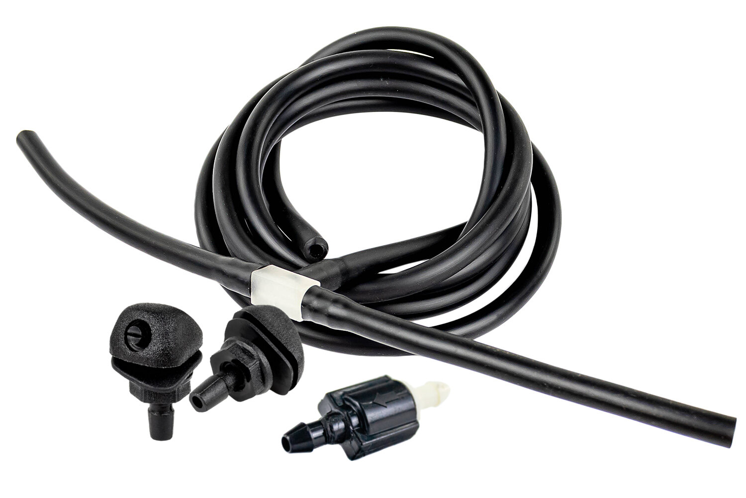 Трубки омывателя лобового стекла черные с тройником, веерными форсунками БУРАН-2 на гайке (пластиковый распылитель) и обратным клапаном Мини для ВАЗ 2110-2112