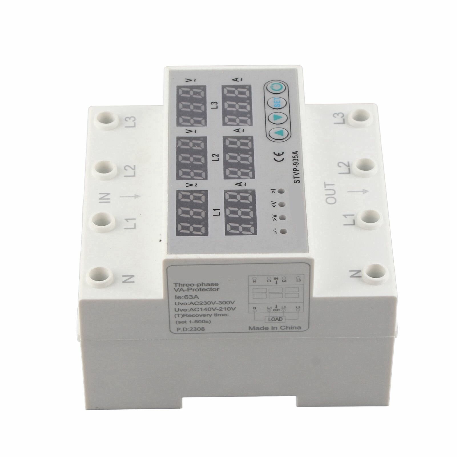 Регулируемая защита по напряжению и току, 3-фазный цифровой дисплей, реле защиты от напряжения с автоматическим восстановлением AC220, 380 В, 63 А, 1-63 А