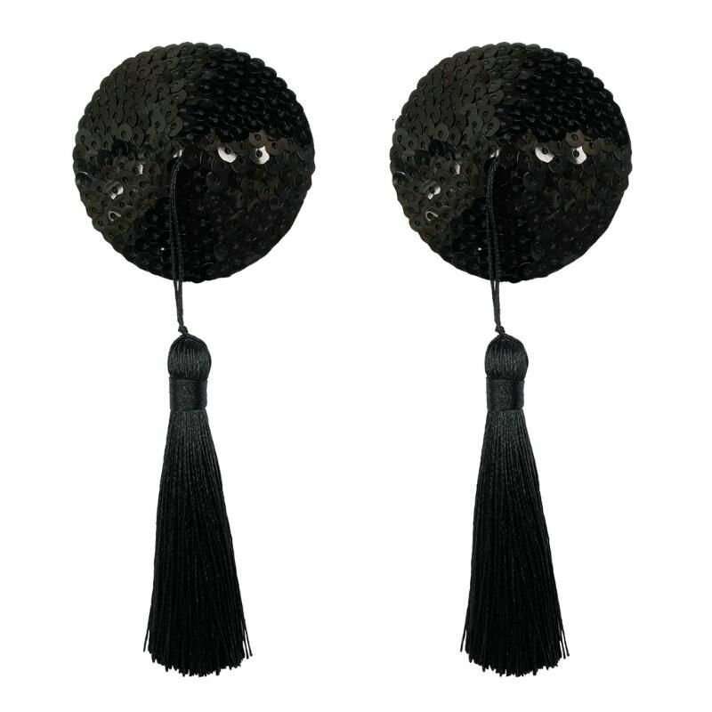 Стразовые накладки на соски с кисточками, Черная блестка круглого сечения b