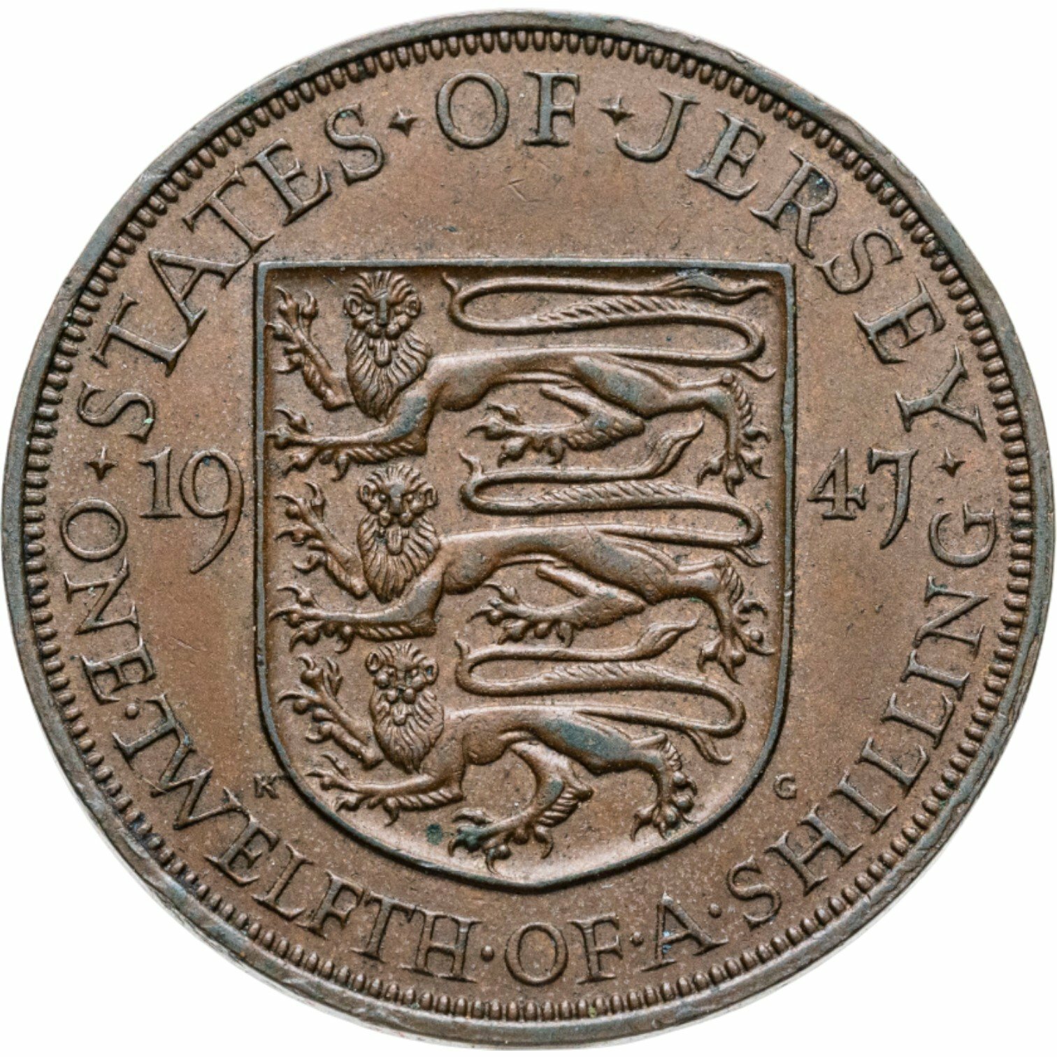 Джерси 1/12 шиллинга shilling 1947, Бронза, в сохранности XF-AU