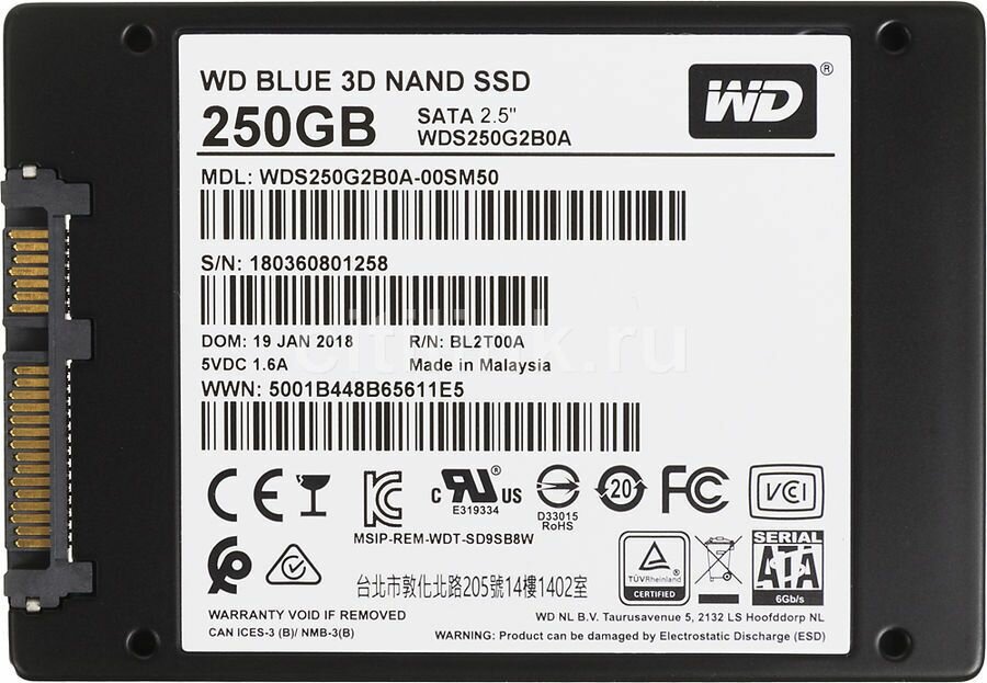 250 ГБ 2.5" SATA накопитель WD Blue (WDS250G2B0A) - SATA III, чтение - 550 Мбайт/сек, запись - 525 Мбайт/сек, TLC 3D NAND