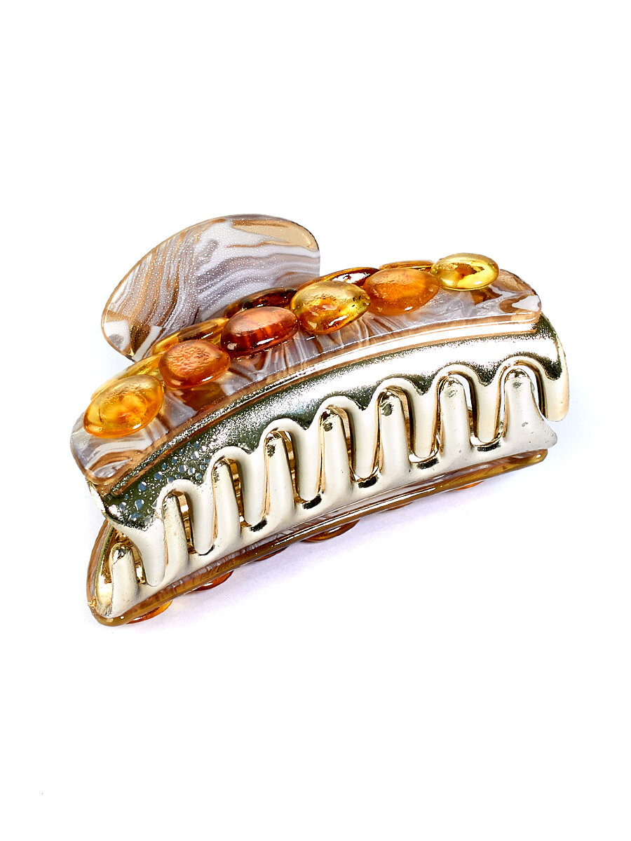 Заколка Янтарь России "Краб", из пластика с янтарем, серо-голубая