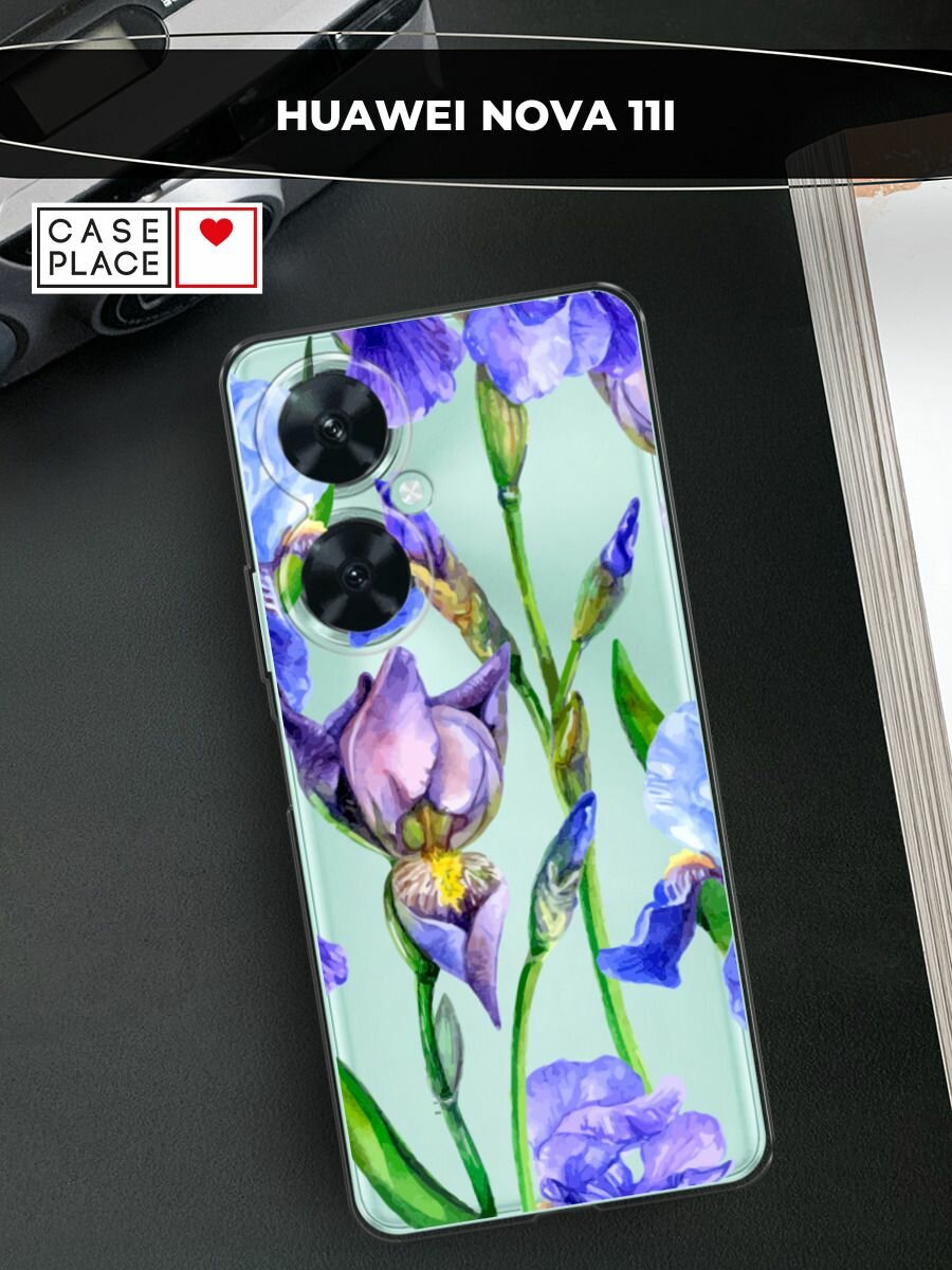 Чехол на Huawei Nova 11i / Хуавей Нова 11i с принтом "Синие ирисы", прозрачный