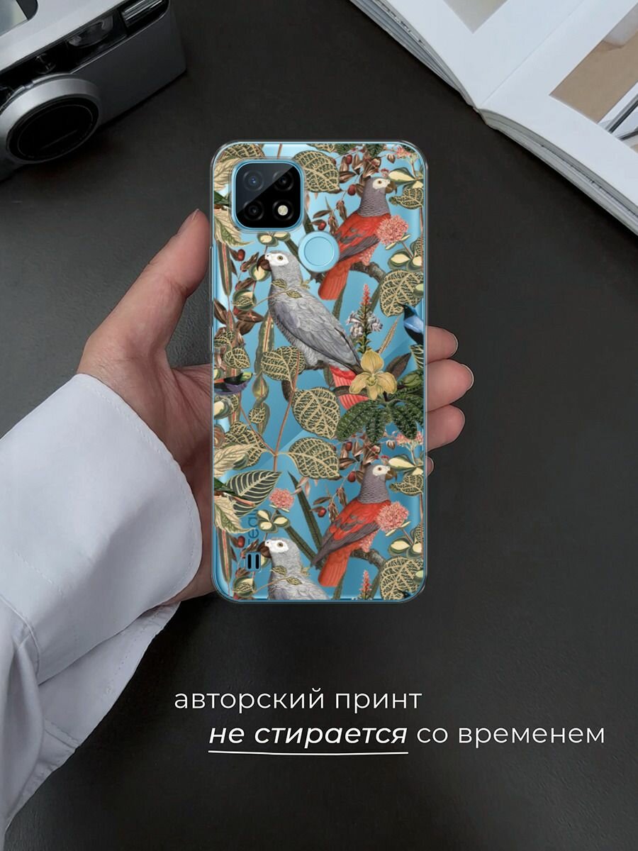 Чехол на Realme C21 / Реалми С21 с принтом "Tropical pattern", прозрачный — фото 1