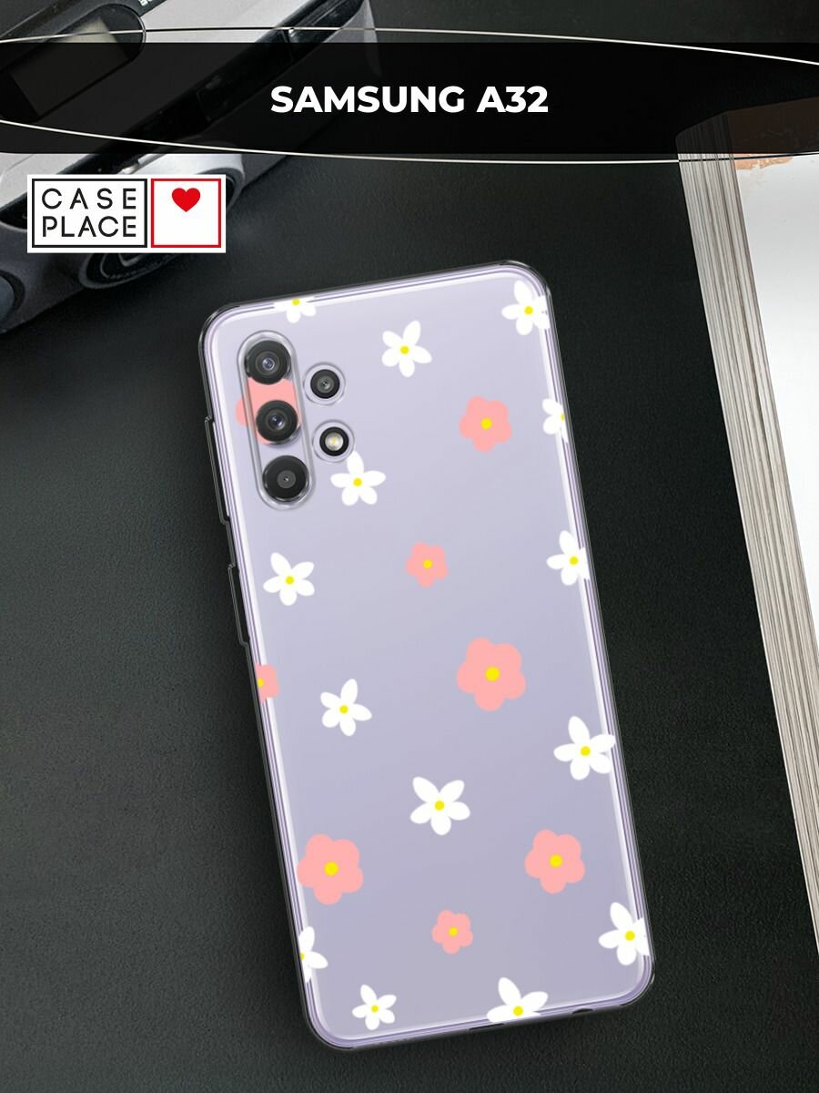 Чехол на Samsung Galaxy A32 / Самсунг Галакси А32 с принтом "Розовые и белые цветы", прозрачный