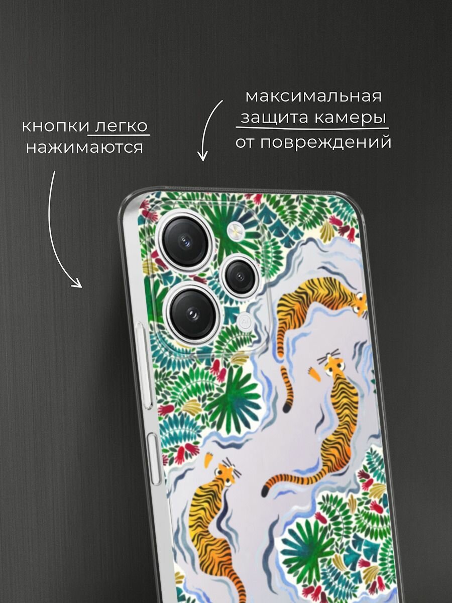 Чехол на Xiaomi Redmi 12 / Сяоми Редми 12 с принтом "Тигры в джунглях", прозрачный — фото 1