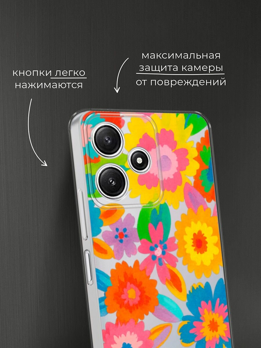 Чехол на Xiaomi Redmi 12 5G / Сяоми Редми 12 5G с принтом "Абстрактные яркие цветы", прозрачный — фото 1