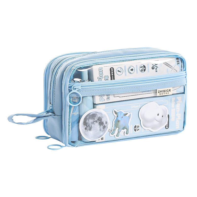 Вместительный прозрачный пенал для девочек, эстетичный органайзер для канцелярских принадлежностей в стиле Ins, портативный чехол для ручек на молнии для школьных, офисных и студенческих принадлежностей, синий