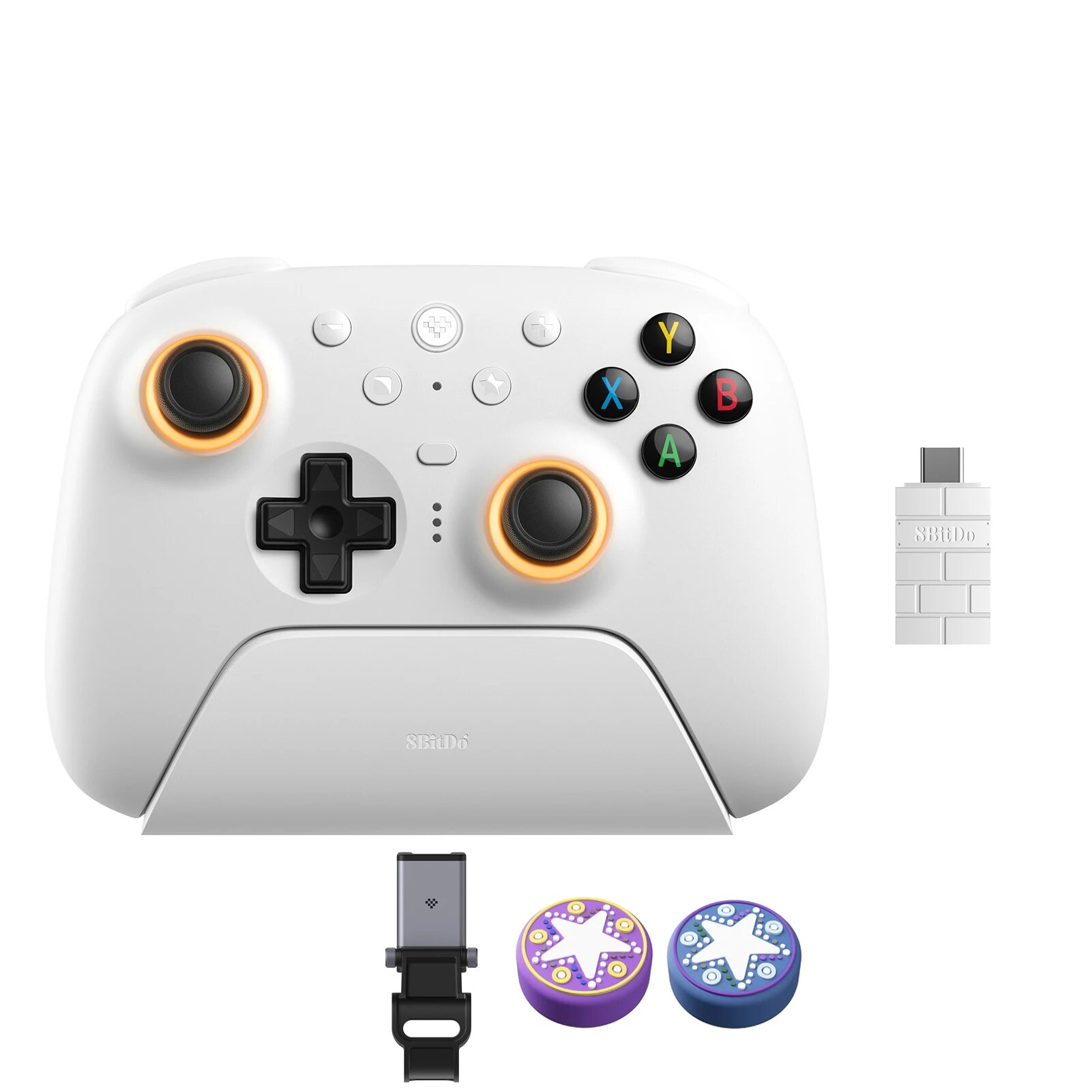 Беспроводной геймпад 8BitDo Ultimate 2 с джойстиками TMR и RGB-подсветкой White with Clip