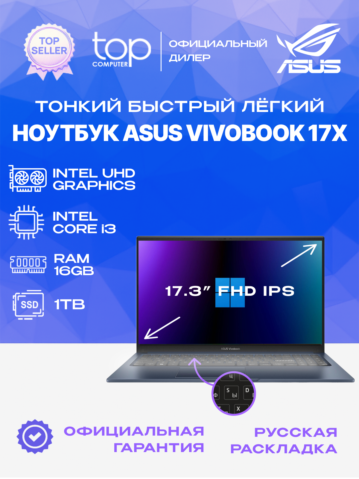 Ноутбук Asus Vivobook 17 X1704VA 17.3"FHD; IPS/Intel Core i3 1315U/16GB/SSD 1TB/Intel UHD/noOS/синий