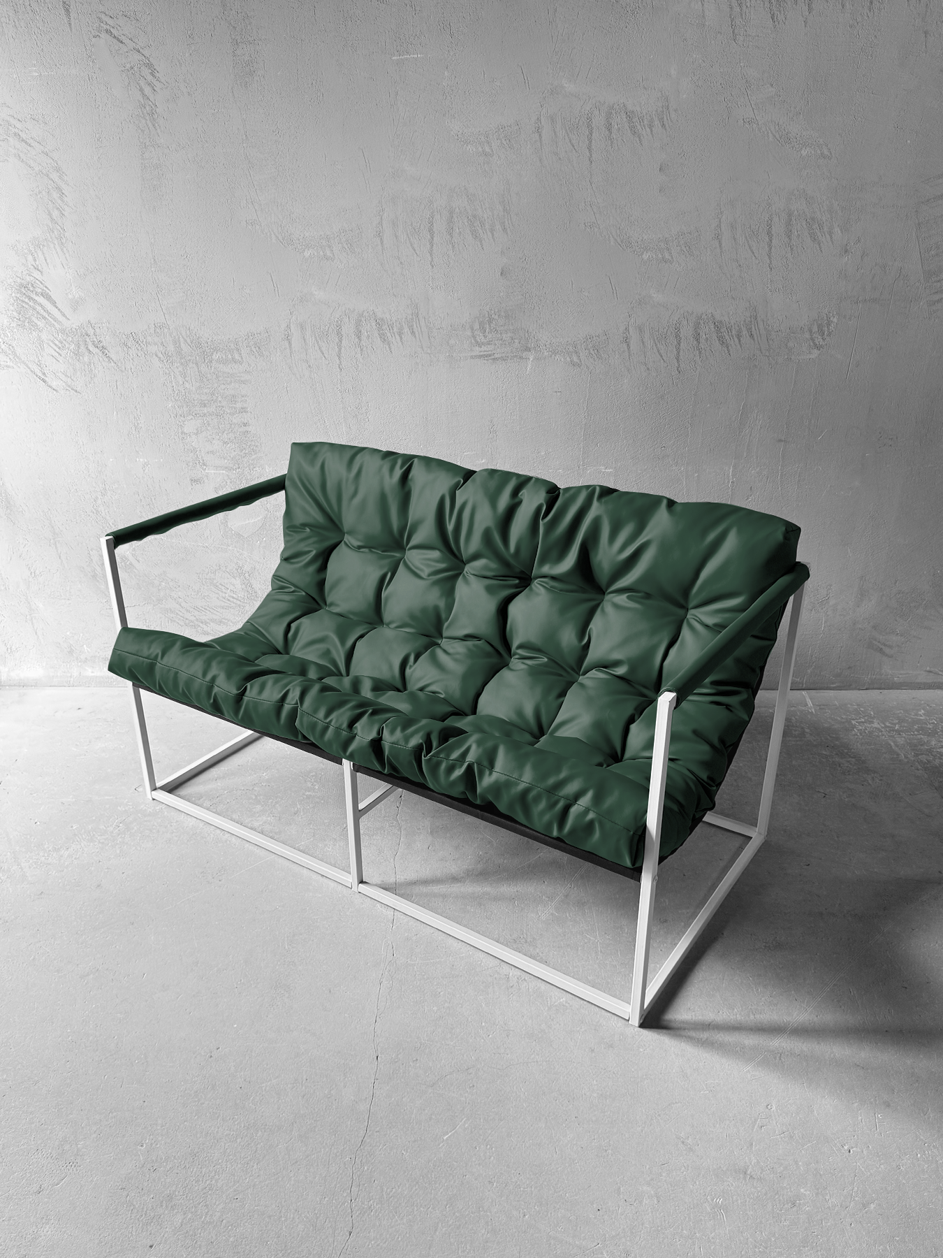 Диван лофт прямой, уличный, в офис, на балкон, на веранду, в гостинную, кухонный, Лофтовик ++ кожзам зеленый , белый каркас, подлокотник мягкий кожзам