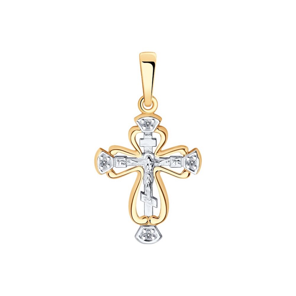 Крестик, красное золото, 585 проба, родирование, фианит