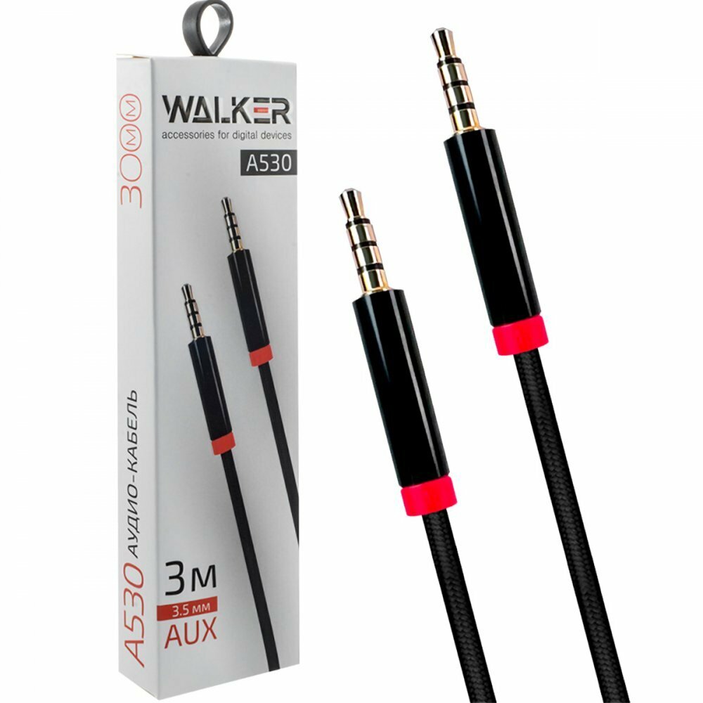 Кабель aux Walker «WCA-530», 3 метра, 3.5мм, четырехконтактный, нейлоновая оплётка, черный, прочный разъем