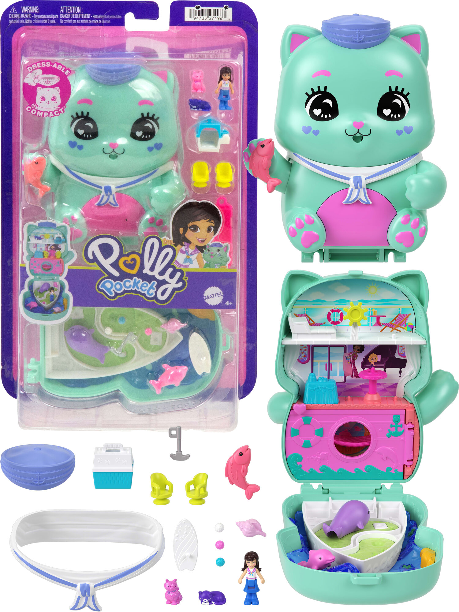 Игровой набор Polly Pocket с 1 микрокуклой и питомцем, игрушка для путешествий с едой и аксессуарами для укладки