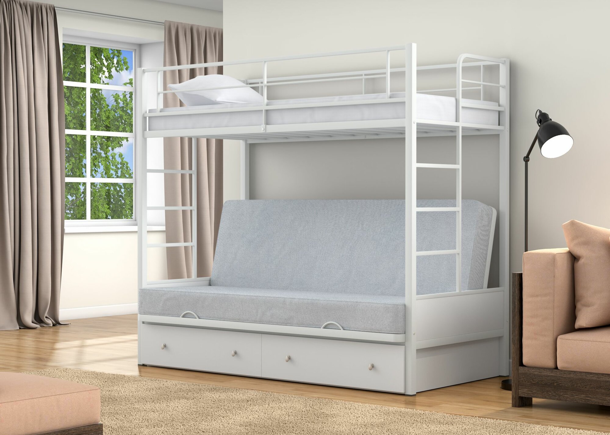 Двухъярусная кровать-диван Дакар 1 с ящиками Белый/белый