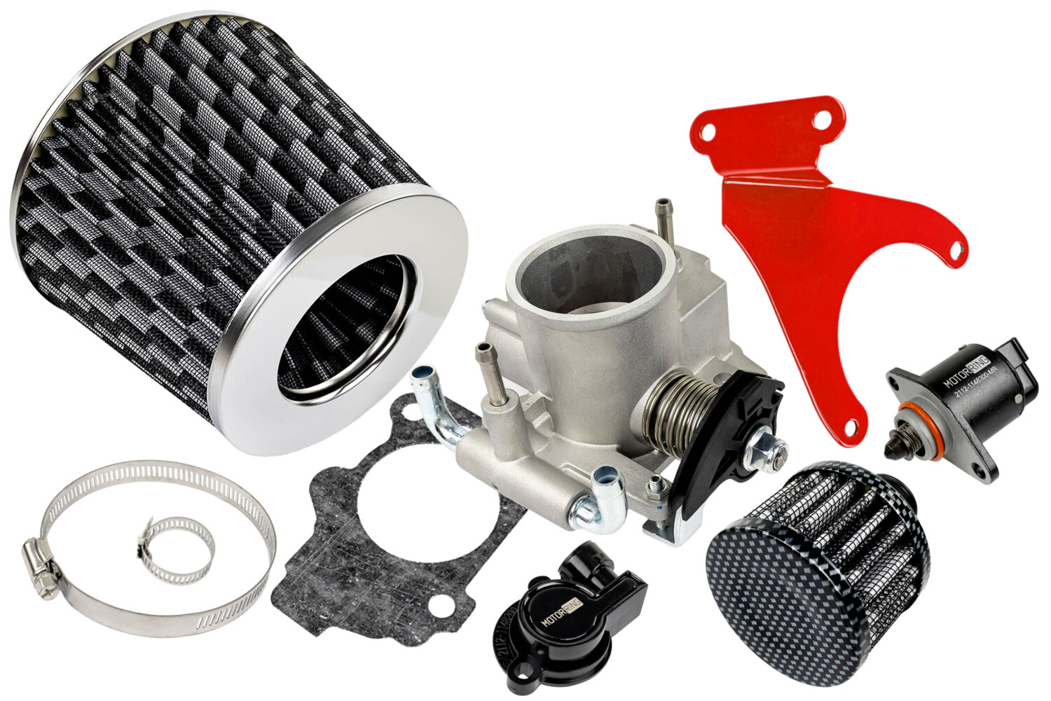 Комплект системы впуска MR нулевого сопротивления под Карбон (воздушный фильтр, фильтр картерных газов, красный кронштейн, дроссельная заслонка 46мм, прокладка, датчик положения заслонки, РХХ) для 16-клапанных ВАЗ 2110-2112, 2113, 2114, Лада Приора, Калин