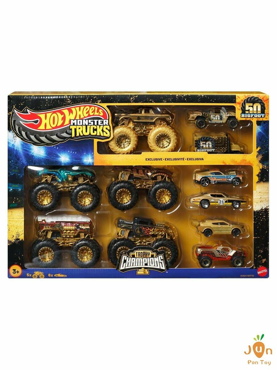 Mattel Monster Trucks / Детский набор игрушек с 11 машинками в масштабе 1:64, подходящий в качестве подарка на день рождения