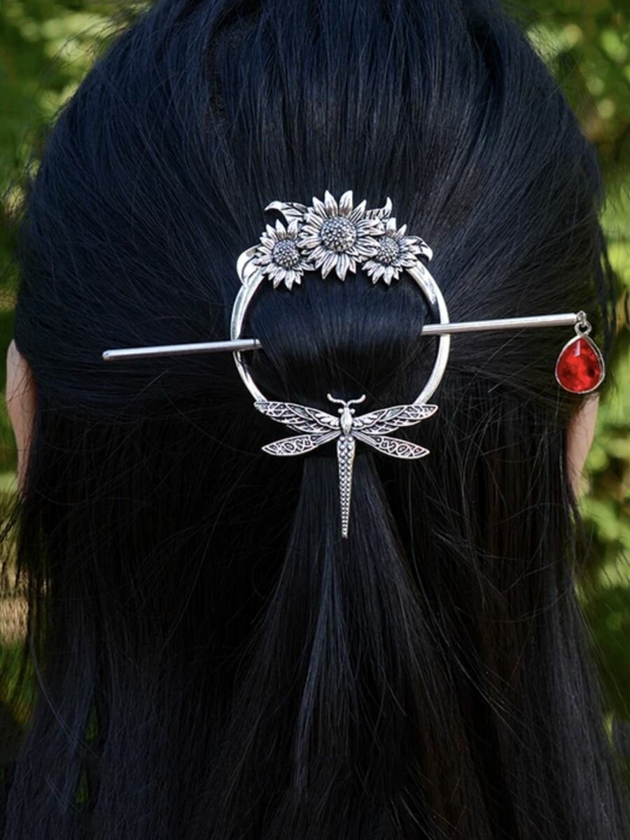 Кельтская заколка - фибула для волос Подсолнухи и стрекоза с красным камнем