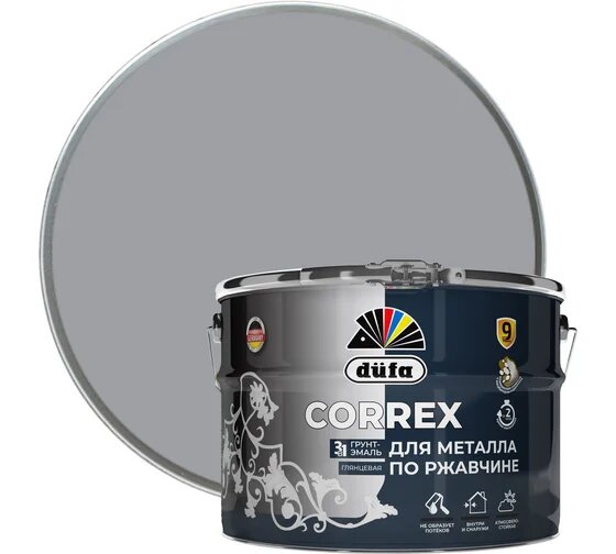 Dufa Грунт-эмаль по ржавчине гладкая Correx 3 в 1 RAL-7004 серый 10 л