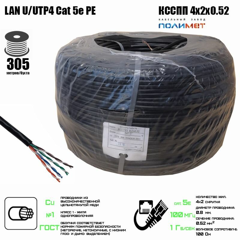 Высококачественный интернет кабель (витая пара) полимет, для прокладки на улице, CU (чистая медь), UTP4 пары, Cat.5е, outdoor, черный, бухта 305 м.