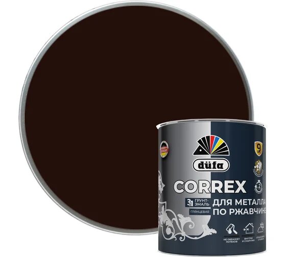 Dufa Грунт-эмаль по ржавчине гладкая Correx 3 в 1 RAL-8017 шоколад 0,75 л