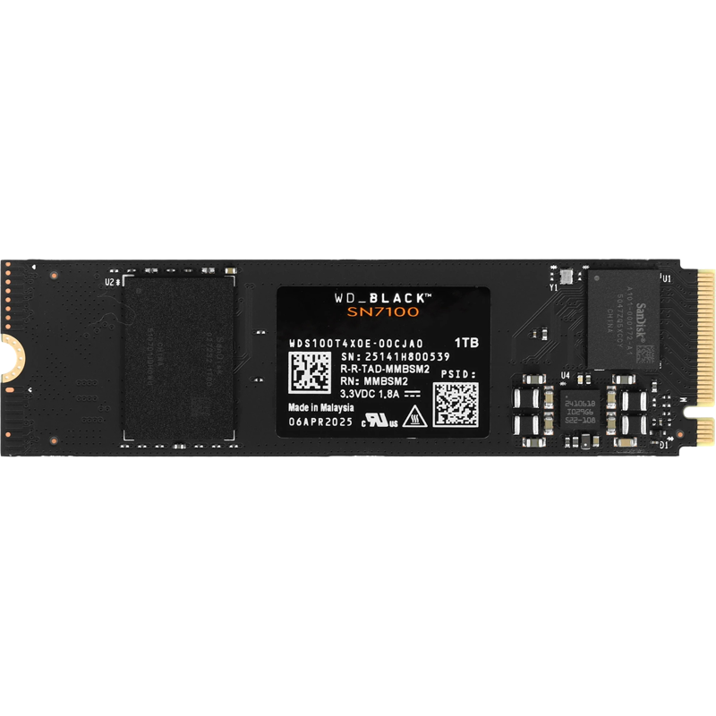 Твердотельный накопитель WD SSD Black SN7100 WDS100T4X0E, 1000GB, M.2(22x80mm), NVMe, PCIe 4.0 x4, 3D TLC, R/W 7250/6900MB/s, IOPs 1 000 000/1 400 000, TBW 600, DWPD 0.3, гарантия 1 ГОД