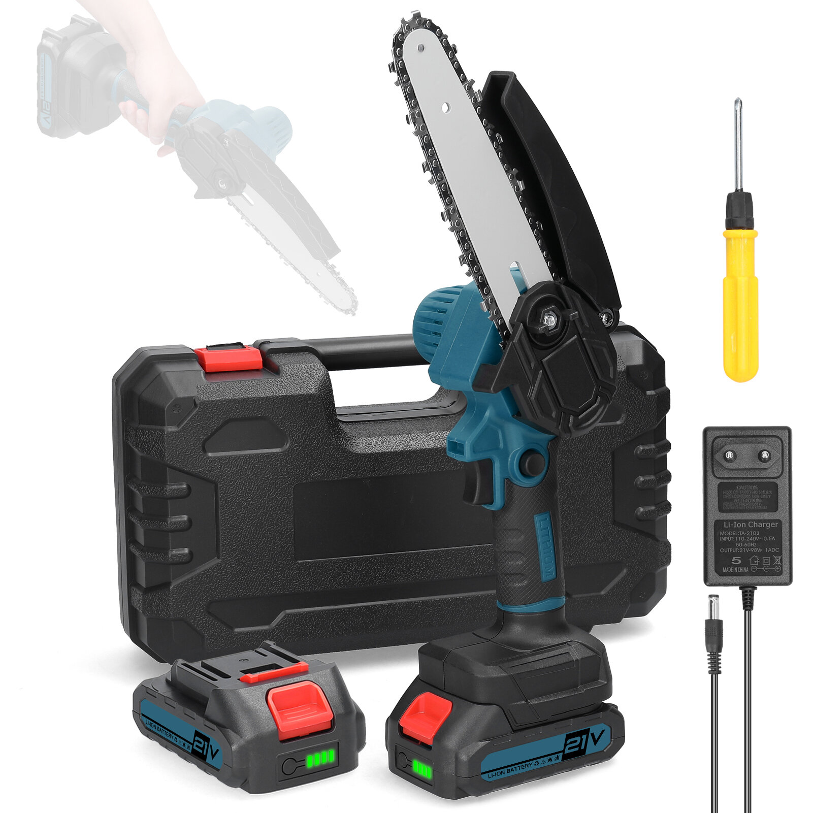 Электрическая пилорама для обрезки 21V 6 дюймов портативная с бензиновым двигателем одноручная инструмент для деревообработки сад огород разделение древесины 1 или 2 батареи 1300mAh ABS металл 390x150x115мм вес 1970г или 2270г