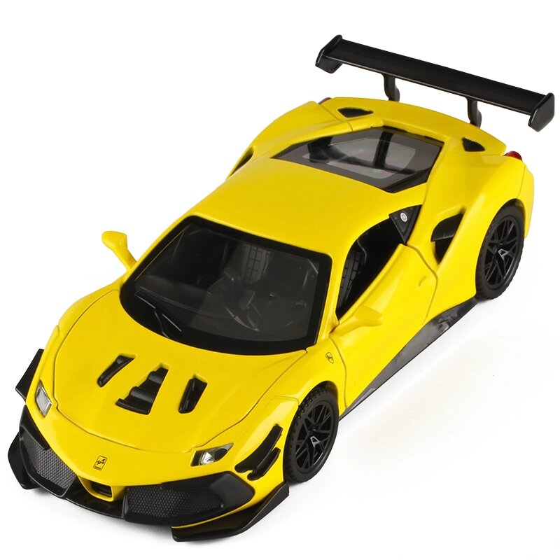 Масштабная модель автомобиля Ferrari 488 GT3 EVO, алюминиевая, с открывающимися дверьми, желтый цвет, игрушка для