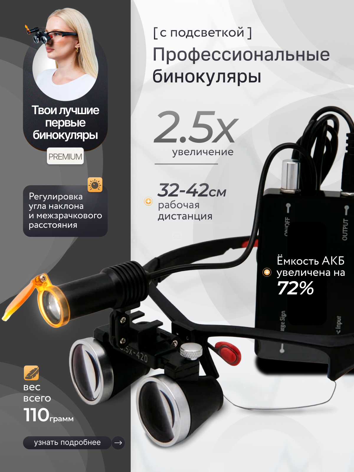 Лупа очки бинокулярные с подсветкой для стоматолога 2,5x