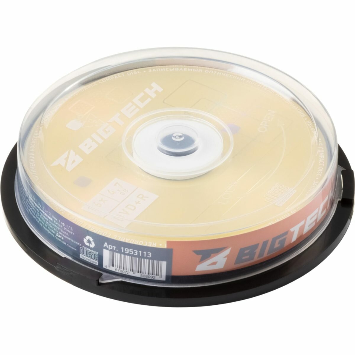 Оптический диск DVD+R Bigtech YDVDRB009 4.7Gb, 16х, 10шт. cake box (1953113)