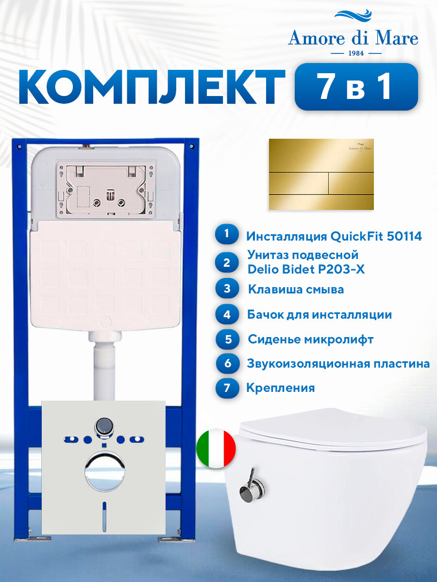 Комплект инсталляции Amore di Mare QuickFit 50114 с унитазом Delio Bidet P203-X с квадратной кнопкой золото 404G 7 в 1, Италия