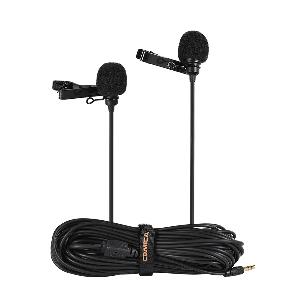 Микрофон Comica CVM-D02 двусторонний лавальныйнаправленный конденсаторный длина кабеля 6м/19.7ft совместимый с Canon Sony A7 A6300 камера iPhone 6 6plus смартфон черный алюминиевый спусковой экран силиконовый кабель диаметр 2.5мм