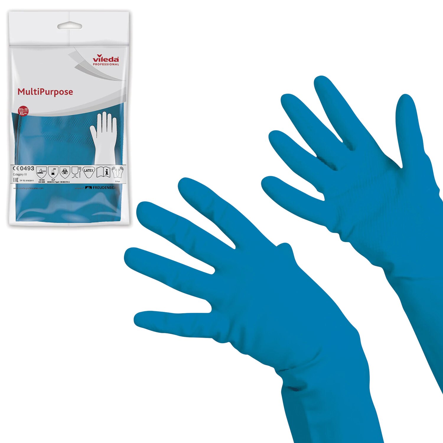 Перчатки многоразовые резиновые VILEDA многоцелевые, хлопчатобумажное напыление, прочные, размер XL (очень большой), синий, вес 72 г, 174357, 2шт.
