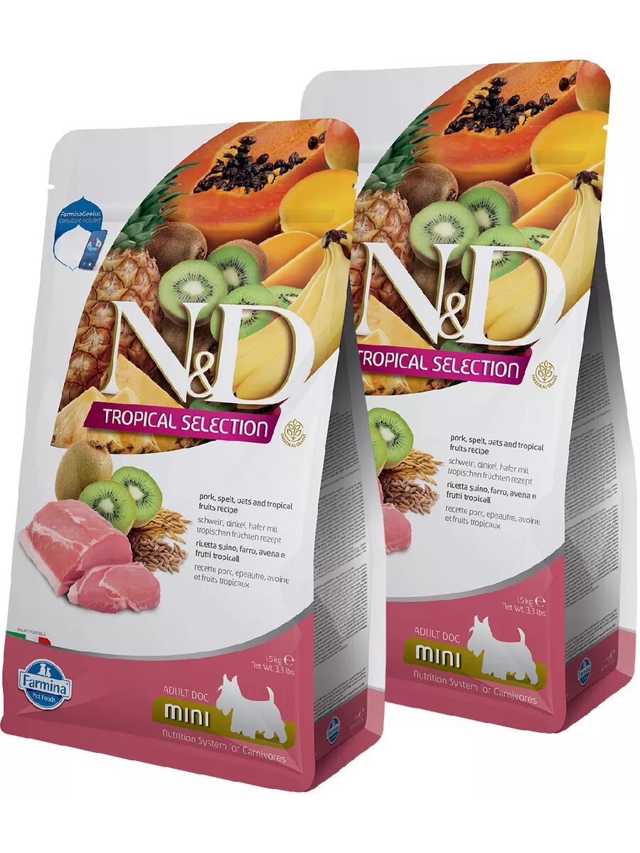 Корм сухой Farmina Dog N&D Tropical Selection Adult Mini Pork для взрослых собак мелких пород со свининой, 1,5 кг х 2 шт