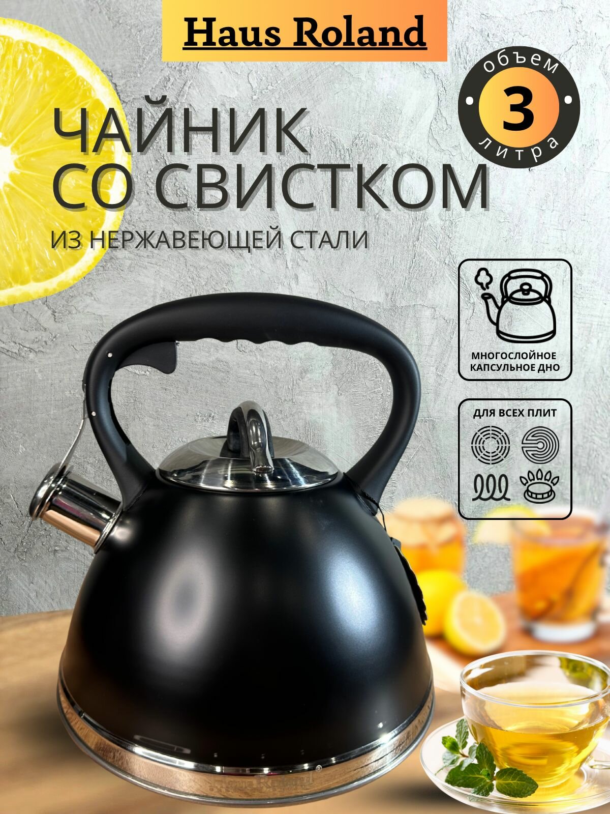 Чайник со свистком 3 литра из нержавеющей стали/ черный HAUS ROLAND