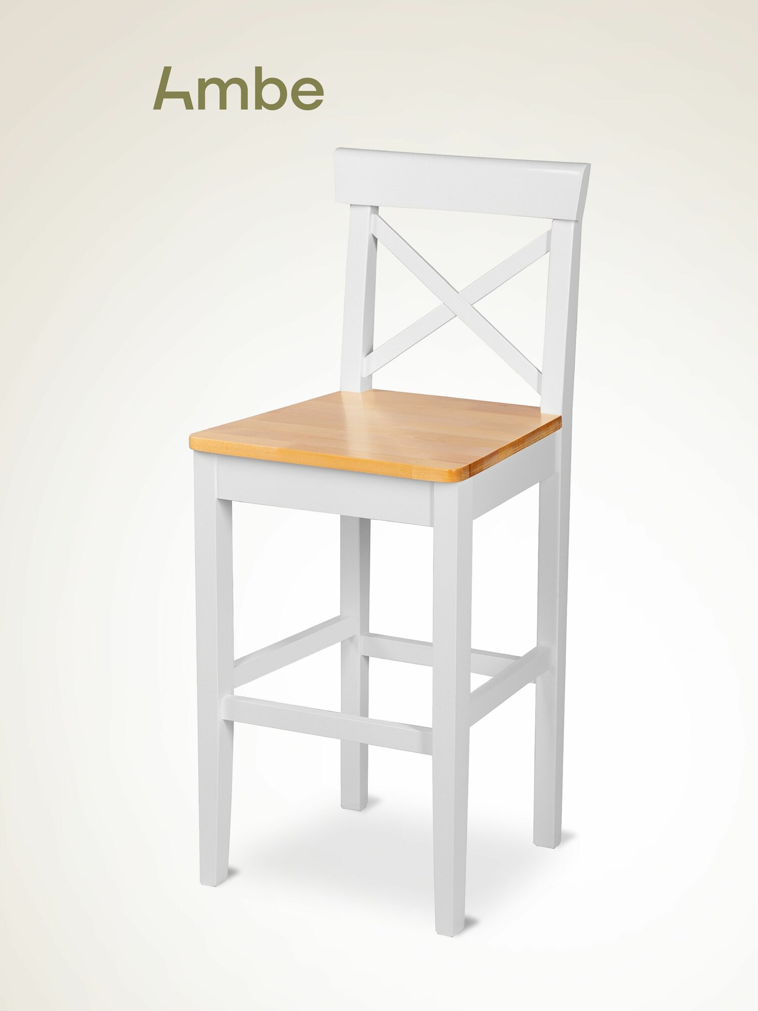 Ambe Стул полубарный деревянный для кухни с жестким сиденьем Бергольф Белый, Натуральный