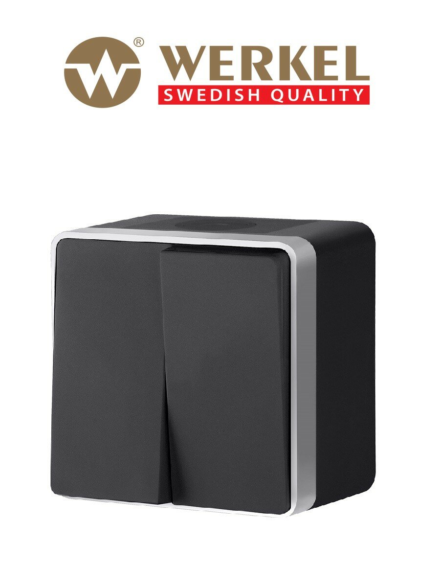 Выключатель накладной двухклавишный влагозащищенный Werkel Gallant W5020234, черный с серебром