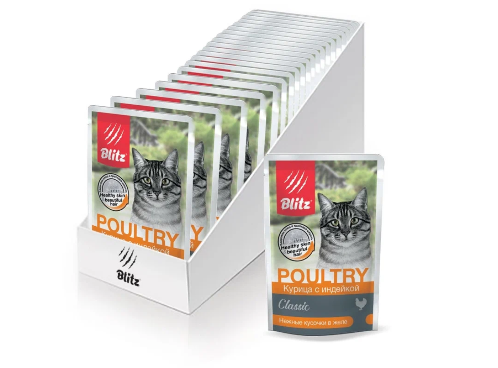 Влажный корм для кошек Blitz Classic Cat Adult Poultry курица с индейкой в желе, упаковка 24 шт х 85 гр