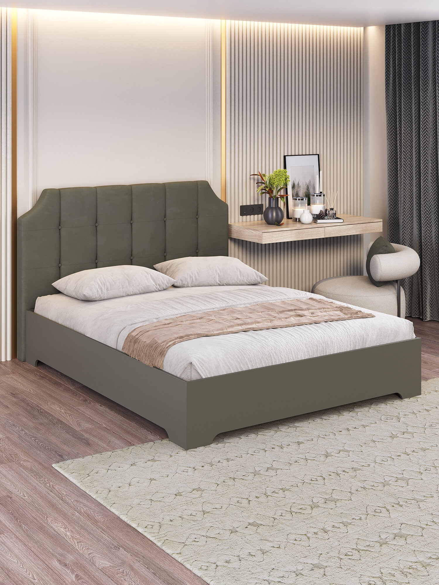 Есэндвич Адали Кровать двуспальная 160х200 (Хаки/Велюр Ultra Cedar) 211х1680х115 см