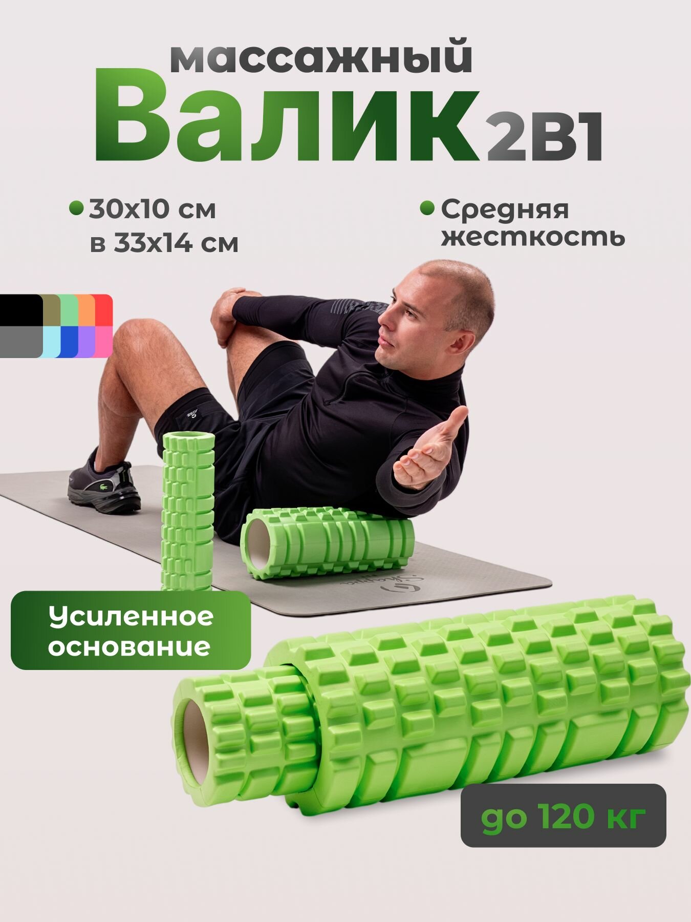 Валик для спины / Shappa Fit / 2в1, 33 см, зеленый, мфр ролл, ролик массажный