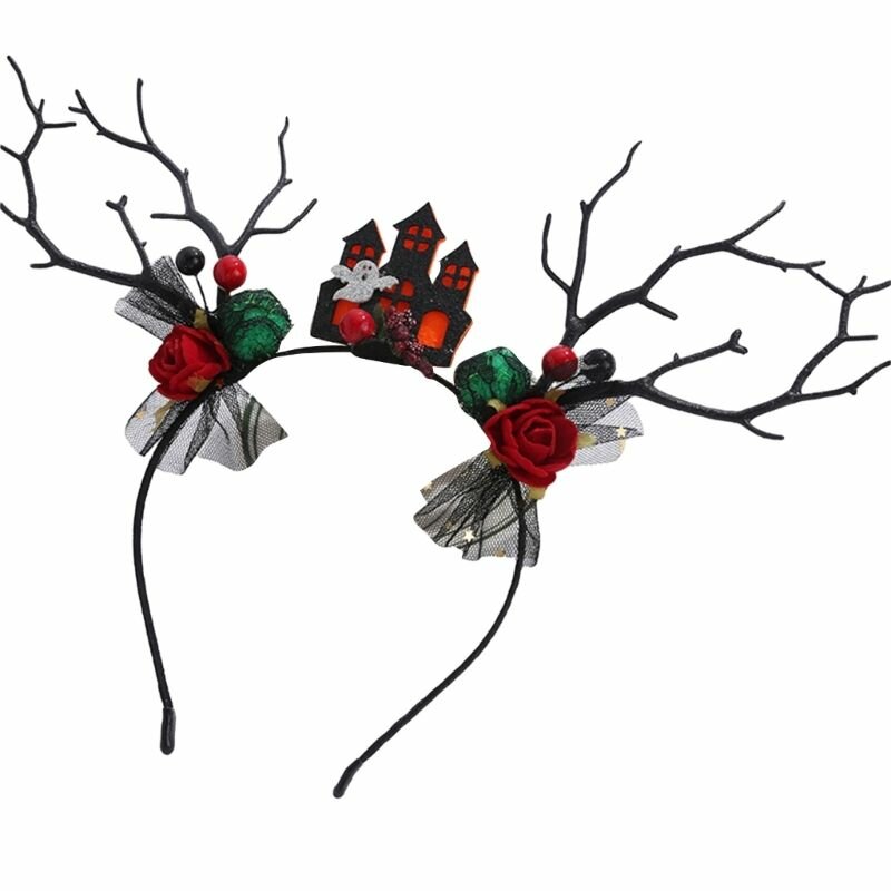 Повязка На голову С Рождественской веткой И Оленьими Рогами-Черный