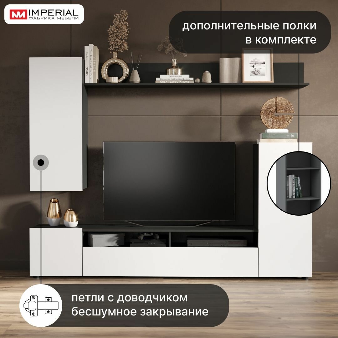 Стенка в гостиную Нео со шкафом и полками 2шт и доводчиками Мебель для гостиной Стенка под телевизор Антрацит/белый 213х32х168см