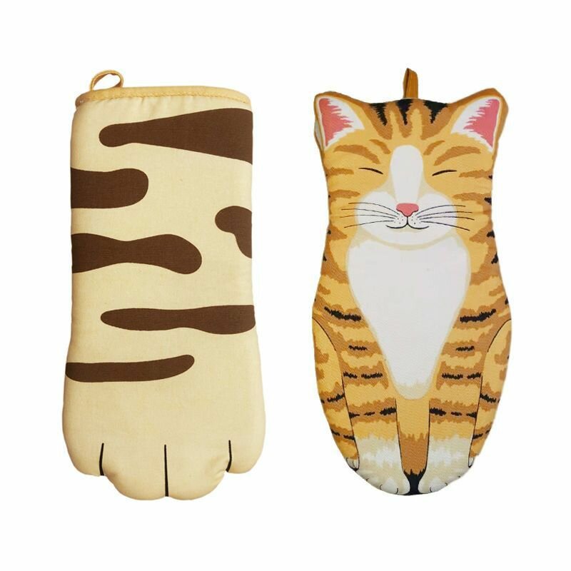 Прихватки-рукавички "Котики" оранжевые 2 шт. Симпатичные перчатки с утолщением от ожогов