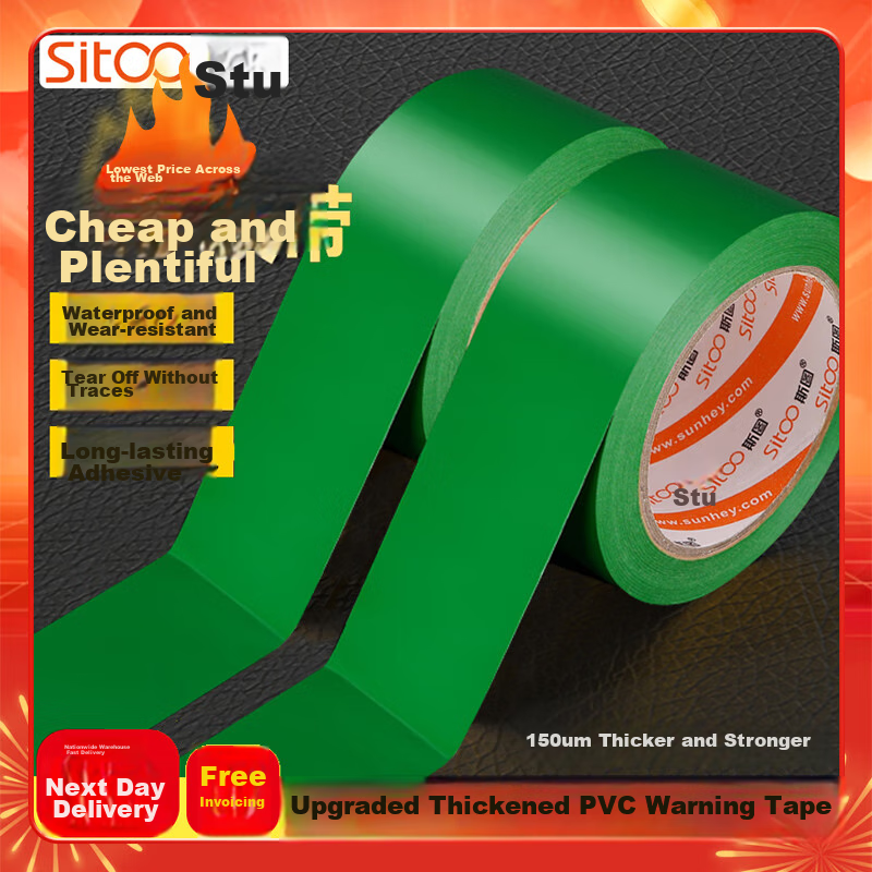 Sitoo Green Safety Warning Tape, Thickened PVC Wear-Resistant Waterproof Floor Marking Tape, Caution Isolation Zebra Crossing Tape Positioning, 48mm*20m, 1 Roll