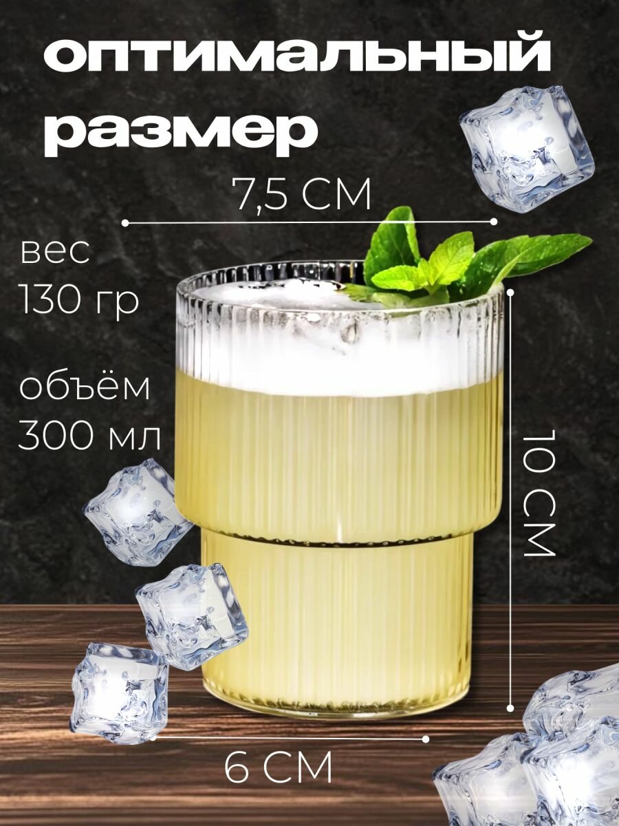 Набор стеклянных рифленых стаканов для холодных и горячих напитков 300 мл 6 шт