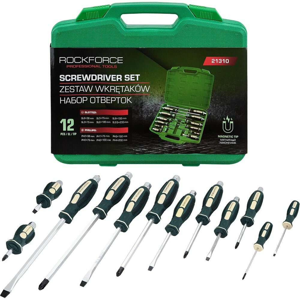 Набор силовых отверток Rockforce ударных 12 предметов в кейсе RF-21310(15216)