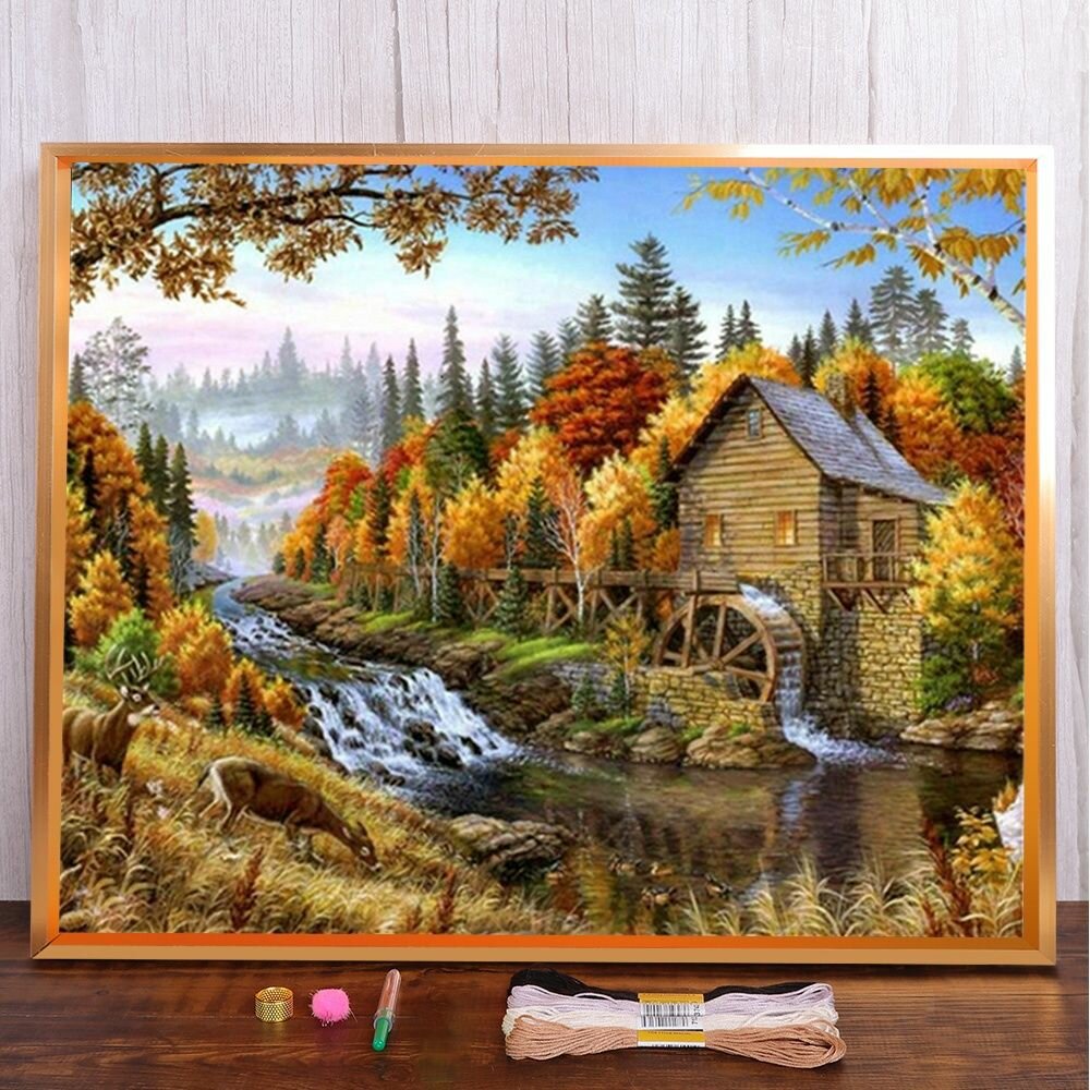 Эксклюзивный комплект для вышивки MEIAN Дом у реки 40x30CM 14CT