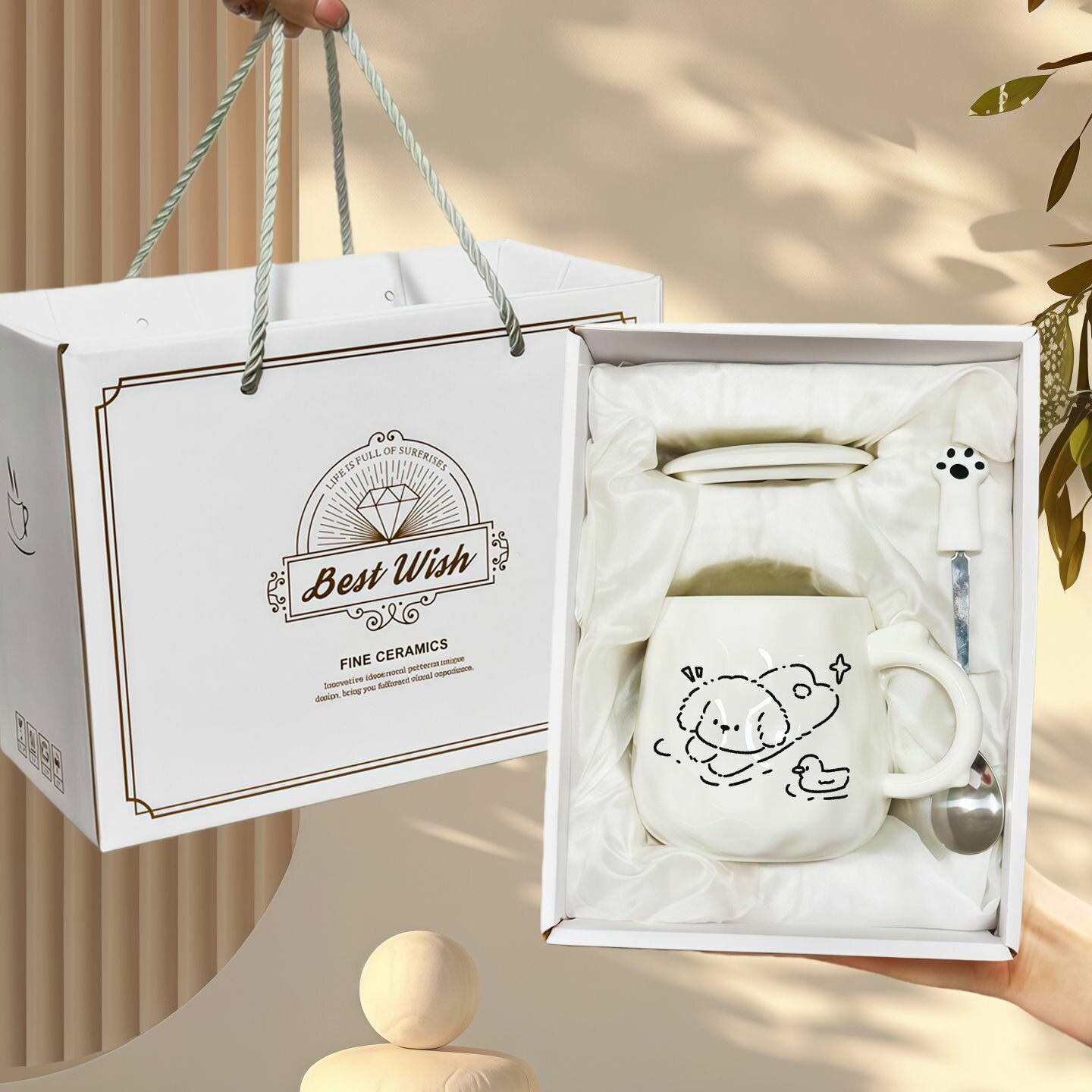 Кружка с крышкой и ложкой в виде щенка в стиле мультяшного линейного искусства, керамическая, высокая эстетика, подарок для девочек и мальчиков, значимый подарок на день рождения