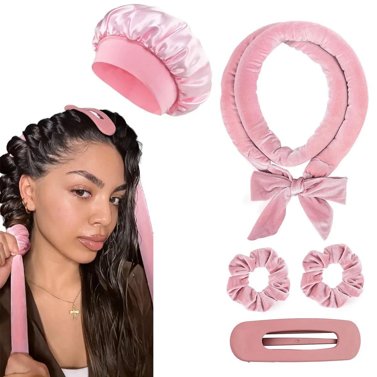 Велюровые бигуди для волос Dark Pink с чепчиком