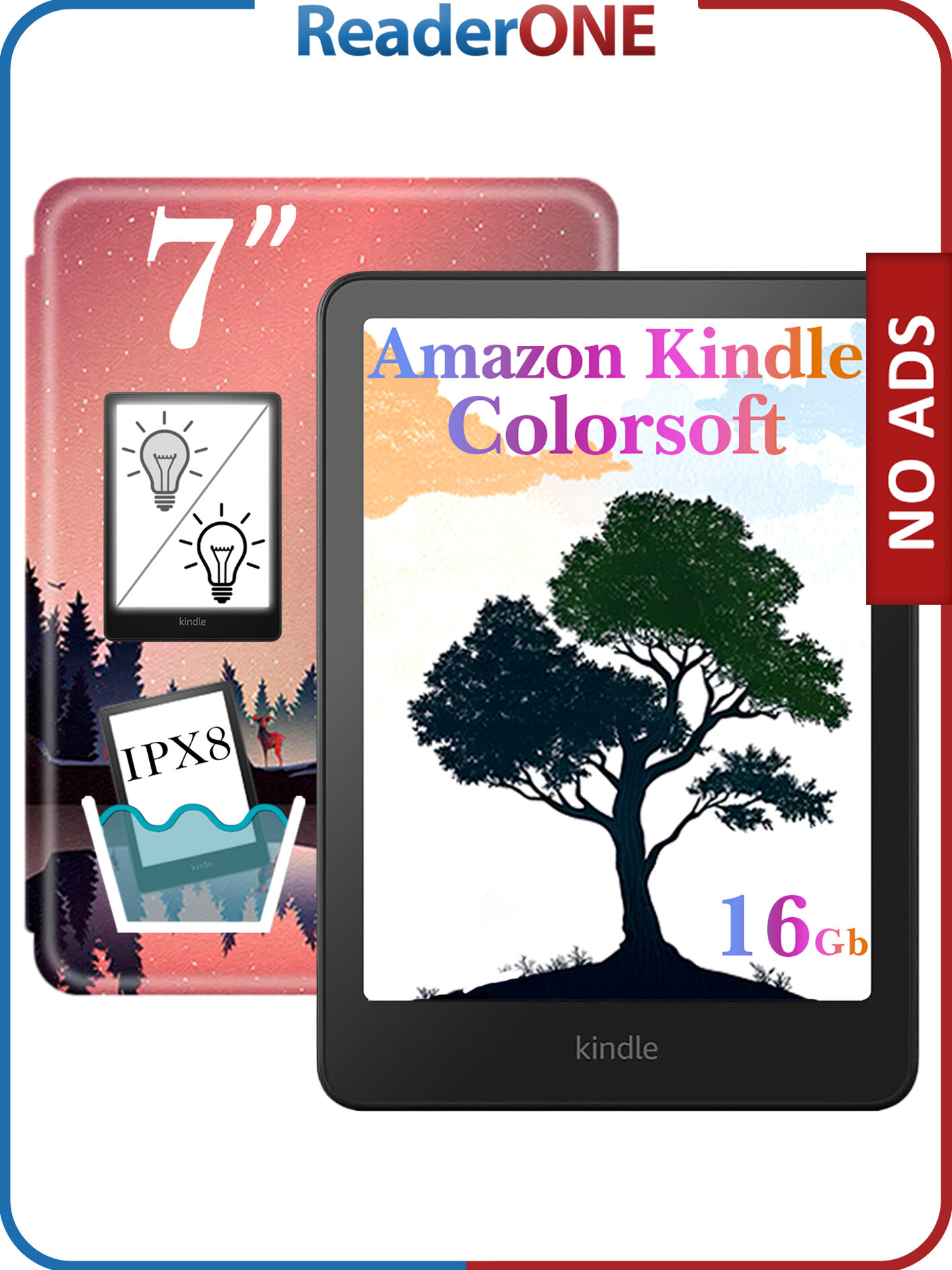 Электронная книга Amazon Kindle Colorsoft, 16Gb, 7 дюймов, E Ink Kaleido 3, черный с обложкой ReaderONE Forest